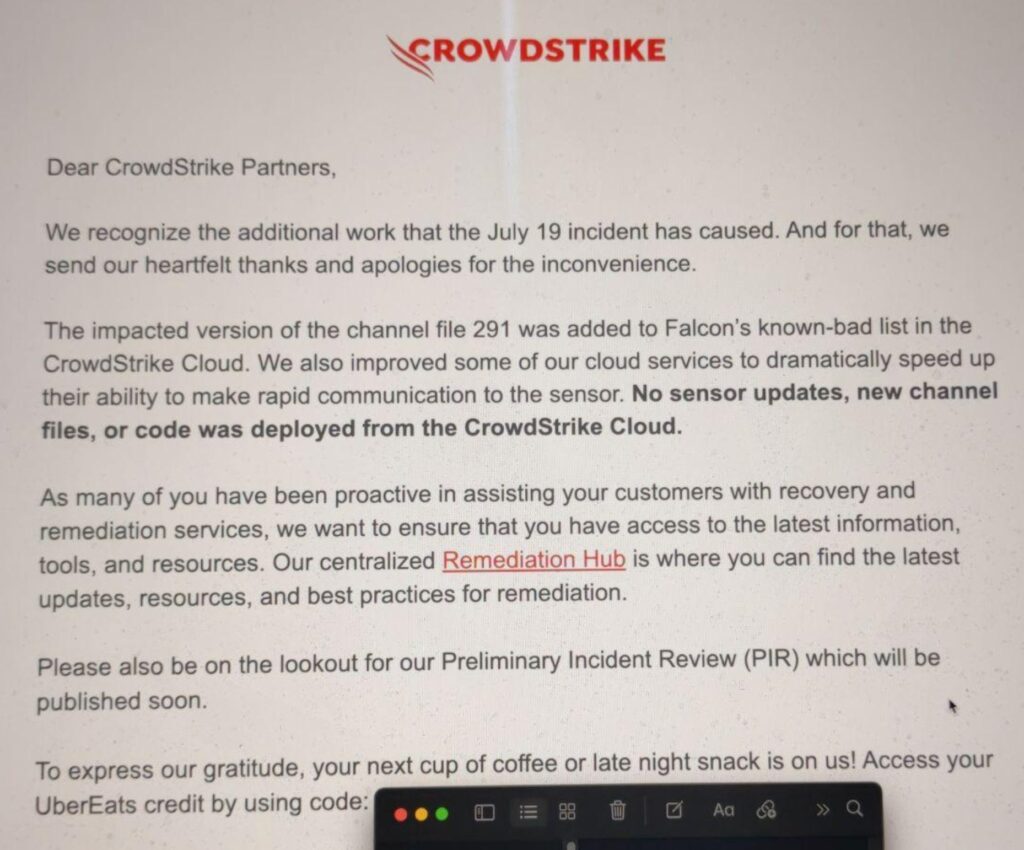 CrowdStrike si scusa con dei buoni regalo, che al momento non funzionano