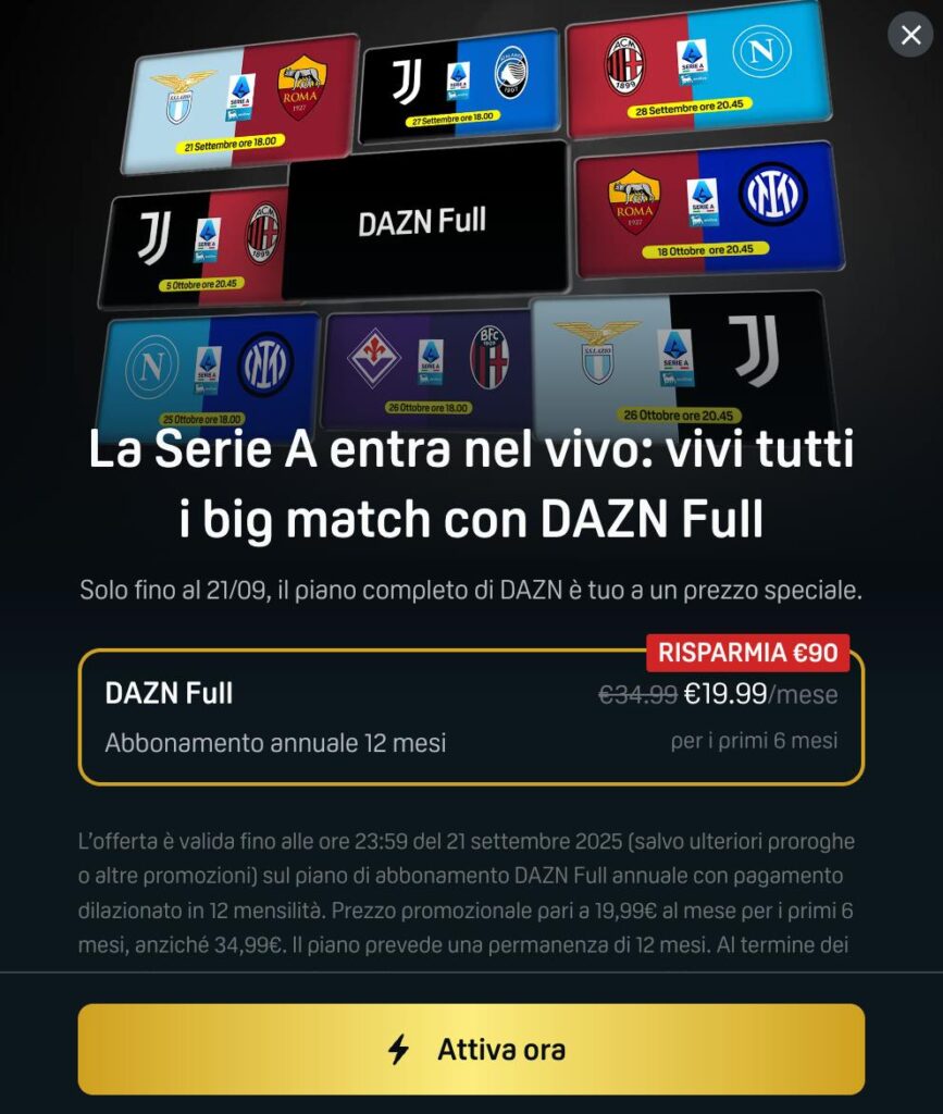 Ultime ore per avere DAZN Full a 19,99€ invece di 34,99€ per i primi 6 mesi (se idonei)